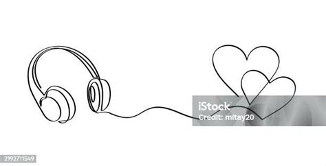 하트 한 라인 아트와 헤드폰 손으로 그린 장치 가제트 연속 윤곽선 듣기 음악 무선 장치 및 낭만적 인 상징 하트 하트 모양에 대한 스톡 벡터 아트 및 기타 이미지 Istock