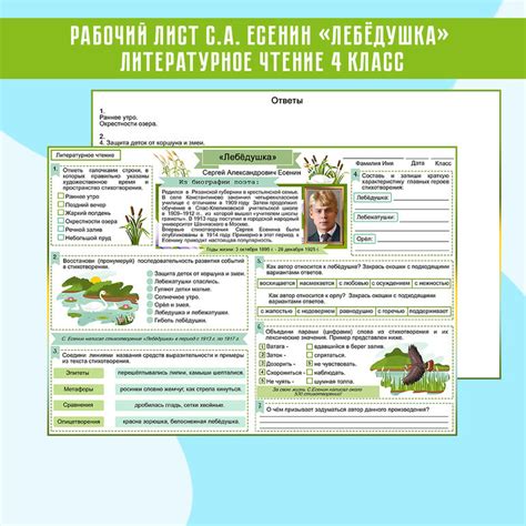 Рабочий лист С А Есенин Лебёдушка Литературное чтение 4 класс ответы для учителя прилагаются