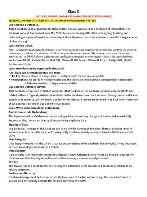 Class X Unit 3 Relational Database Management Systems Basic Pdf