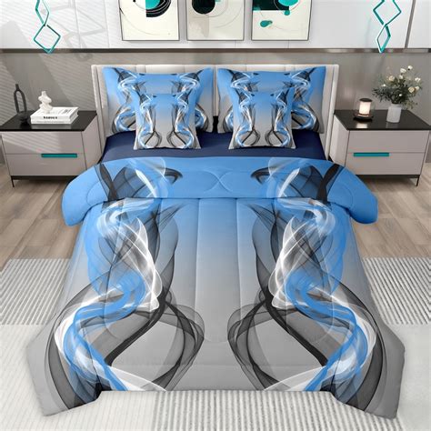 Feelyou Grey Blue Striped Bedding Comforter Set 7pcs Fashion Abstract