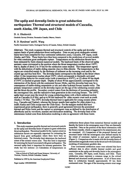 Pdf The Updip And Downdip Limits To Great Subduction Earthquakes