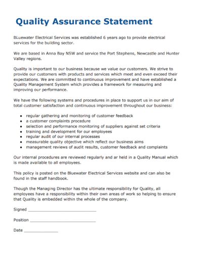 Free 10 Quality Assurance Statement Samples [ Product Mission Construction ]