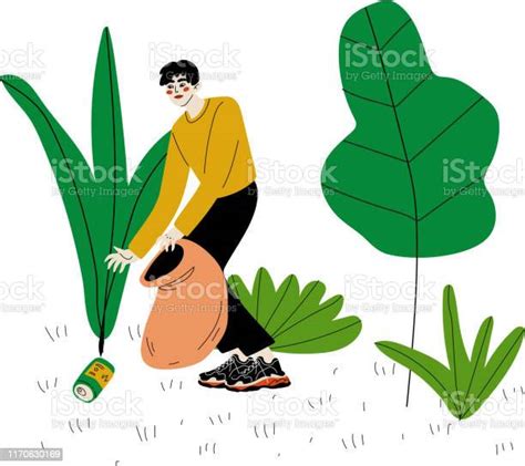 재활용을 위한 쓰레기와 플라스틱 쓰레기를 모으는 남자 공원에서 쓰레기를 줍는 남성 자원봉사자 자원봉사 생태라이프스타일 벡터 일러스트 남성에 대한 스톡 벡터 아트 및 기타