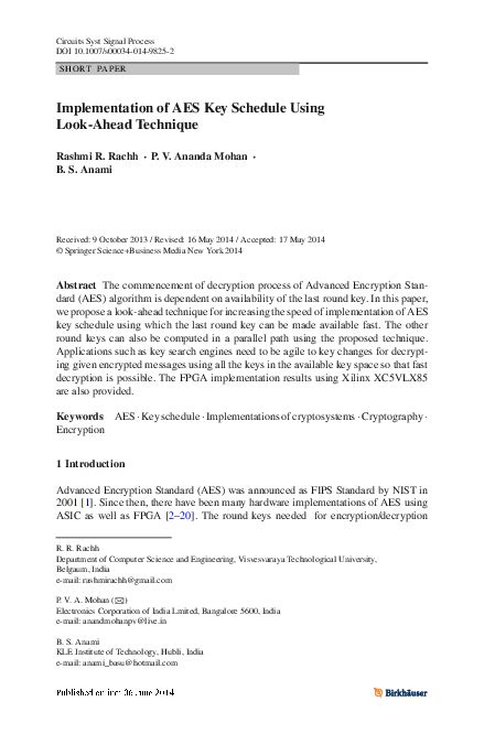 Pdf Implementation Of Aes Key Schedule Using Look Ahead Technique