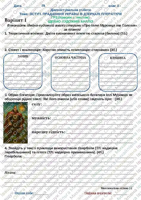 Підсумкова діагностувальна робота №1 за ГР2 для 8 класу з української ЛІТЕРАТУРИ за темою