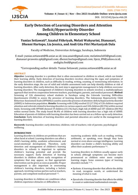 Pdf Early Detection Of Learning Disorders And Attention Deficit
