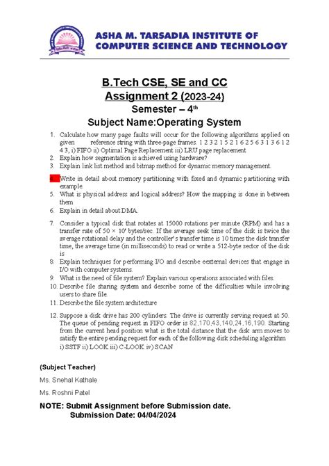 Operating System Assignment B Cse Se And Cc Assignment 2 2023 24 Semester 4 Th Subject