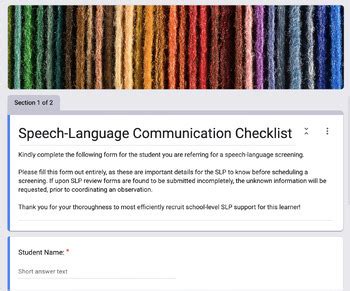 Speech Language Communication Checklist Screening Referral Form