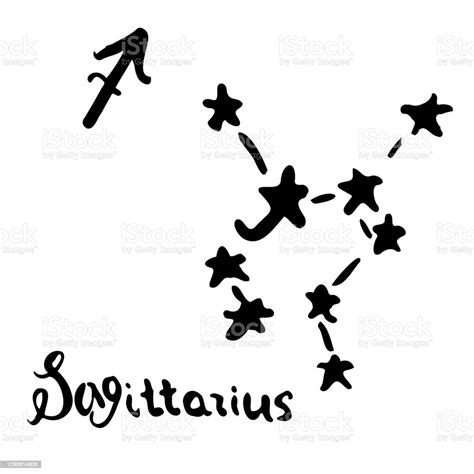 자리 궁수 자리 벡터 그림입니다 흰색 배경에 손으로 그려진 조디악 기호 기호 및 서예 이름 낙서 스타일 별자리 엽서 및 점성술 책 0명에 대한 스톡 벡터 아트 및 기타