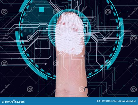 Human Finger Scanning Over Biometric Scanner Against Microprocessor Connections On Blue