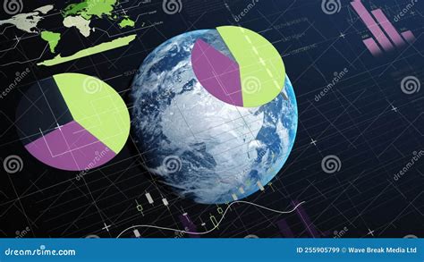 animation of multicolored graphs trading board map and timer over rotating globe stock video
