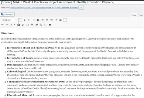 Solved Nr436 Week 4 Practicum Project Assignment Health Promotion