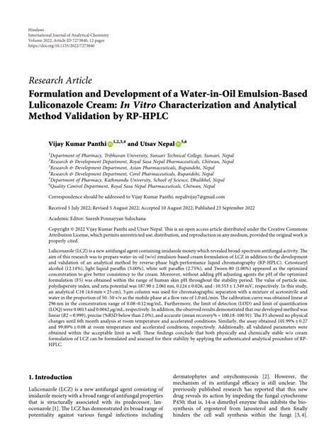 Pdf Formulation And Development Of A Water In Oil Emulsion Based Luliconazole Cream In Vitro