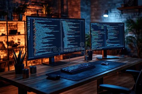 Dual Monitors On Modern Desk Setup In Ambiently Lit Development