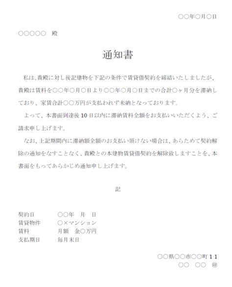 貸付金未納の通知書のテンプレートWord 無料のビジネス書式テンプレート