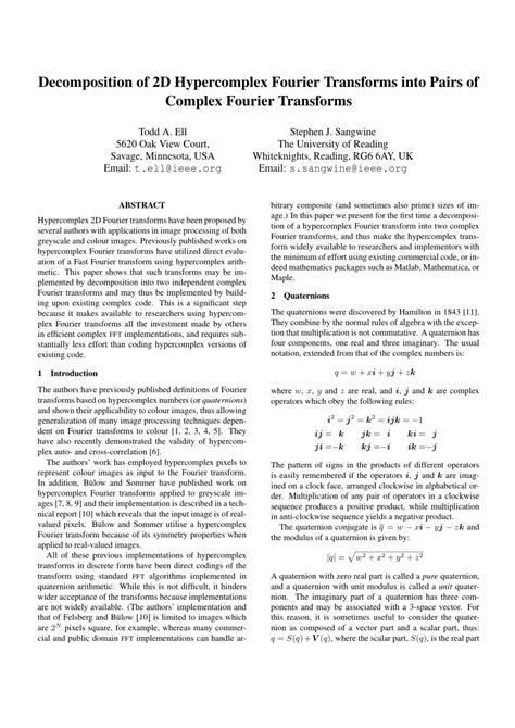 Pdf Decomposition Of 2d Hypercomplex Fourier Transforms Into Pairs Of Complex Fourier Transforms