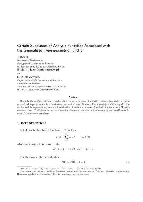 Pdf Certain Subclasses Of Analytic Functions Associated With The