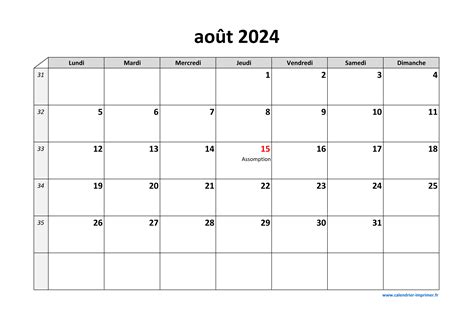 Calendrier Août 2024 à Imprimer