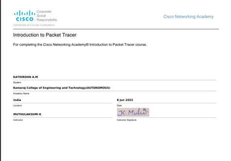 Earned Cisco Packet Tracer Certification Kathirohn A M Posted On The