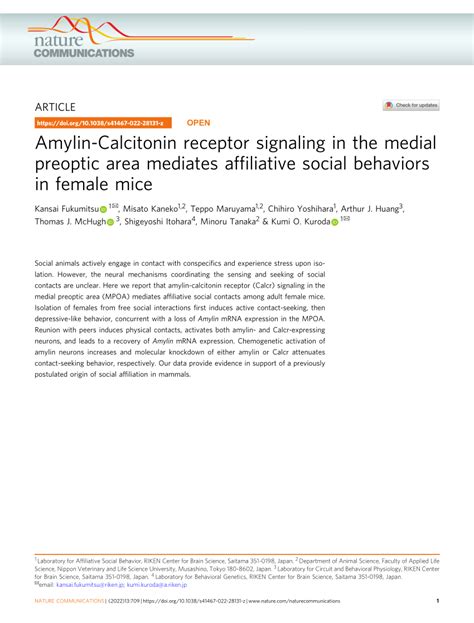 Pdf Amylin Calcitonin Receptor Signaling In The Medial Preoptic Area Mediates Affiliative