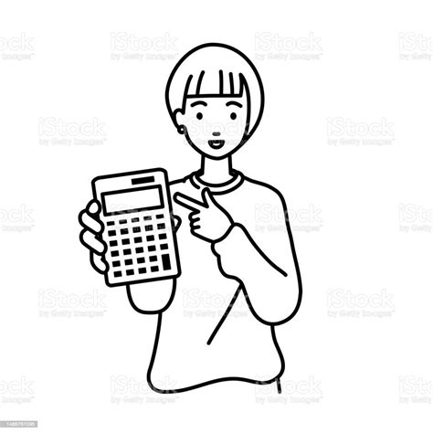 캐주얼한 스타일의 여성이 미소를 지으며 계산기를 추천하고 제안하고 보여주고 가리키고 있다 가리키기에 대한 스톡 벡터 아트 및