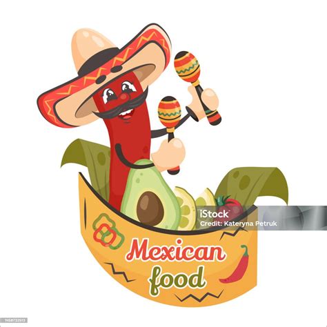 귀여운 만화 캐릭터 붉은 고추와 야채와 마라카스 멕시코 음식 요리 메뉴 포스터 전단지 배너 배달 요리 개념에 대한 낙서 그린 벡터 그림 고추류에 대한 스톡 벡터 아트 및