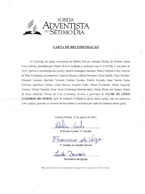 Carta De Recumendação Clube Líder Pdf