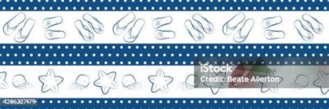 플립 플롭 신발 원활한 벡터 패터른 테두리 손으로 그린 윤곽선 스타일 넓은 줄무늬와 물방울 무늬 해파리와 불가사리가 특징입니다 흰색과 네이 비 블루 색상입니다 여름에 대한