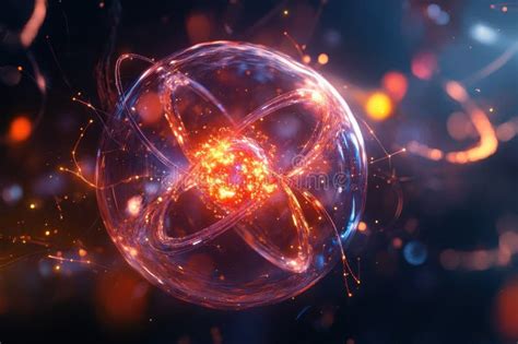 Illustration Of A Colorful Atomic Structure With Glowing Particles In A Dark Background Stock