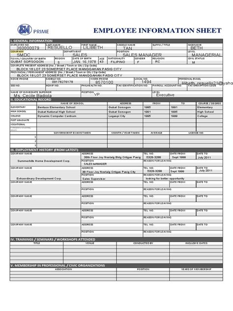 Employee Information Sheet Template Pdf