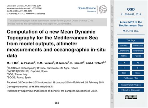 Pdf Computation Of A New Mean Dynamic Topography For The Mediterranean Sea From Model Outputs