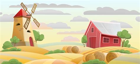 농지 정원과 구불구불한 언덕 풍차와 헛간이있는 농촌 농장 풍경 저녁 하늘 귀여운 재미있는 만화 디자인 일러스트 플랫 스타일 벡터 개념에 대한 스톡 벡터 아트 및 기타 이미지