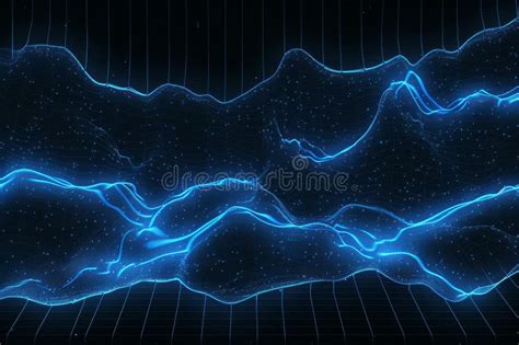 Futuristic Blue Digital Landscape With Glowing Grids And Data Points Stock Illustration