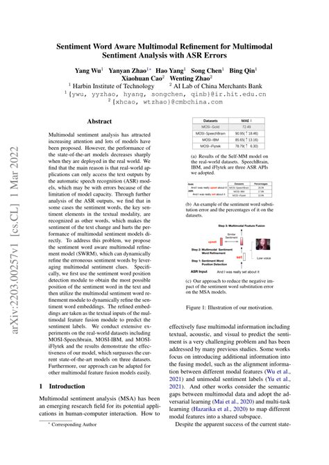 Pdf Sentiment Word Aware Multimodal Refinement For Multimodal Sentiment Analysis With Asr Errors