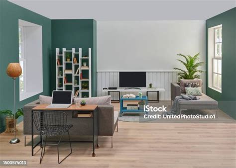 장식적인 거실 소파와 텔레비전 유닛 스타일 녹색과 흰색 벽 배경 책장 노트북이 있는 작업 테이블 식물의 의자 꽃병 0명에 대한 스톡 사진 및 기타 이미지 Istock