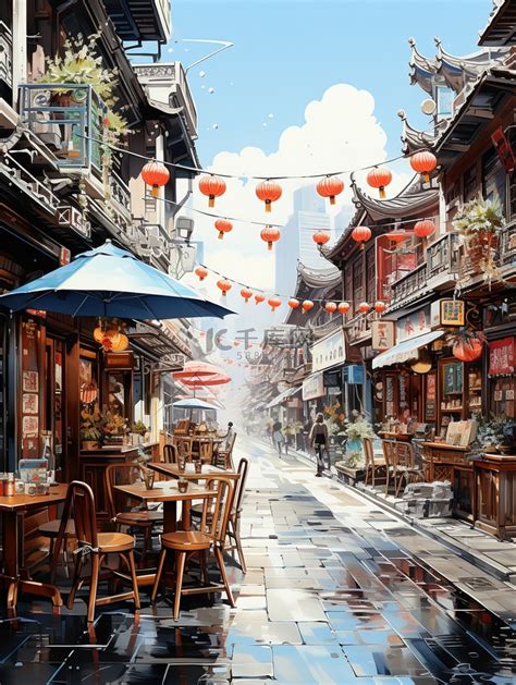 中国古镇繁华的商业街5插画图片 千库网