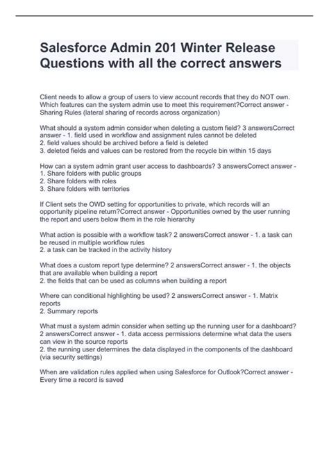 Salesforce Admin 201 Winter Release Questions With All The Correct Answers 2024 2025 Nursing