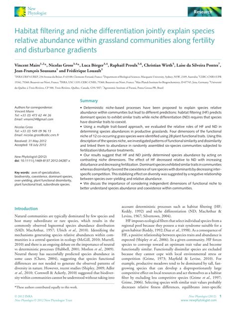 Pdf Habitat Filtering And Niche Differentiation Jointly Explain