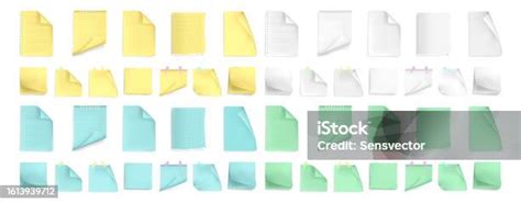 스티커 메모와 빈 노트북 페이지 사실적인 일러스트레이션 컬렉션 격리 된 용지 구부러진 모서리가있는 깨끗한 블랭크 책 또는