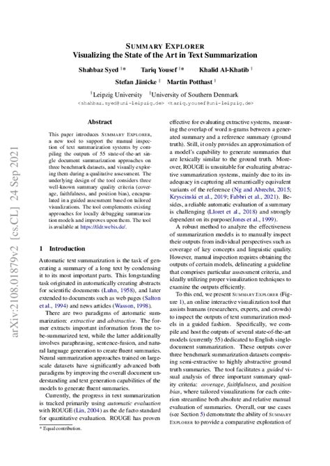 Pdf Summary Explorer Visualizing The State Of The Art In Text Summarization