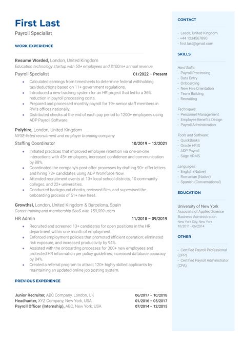 2 Payroll Specialist Resume Examples For 2025 Resume Worded