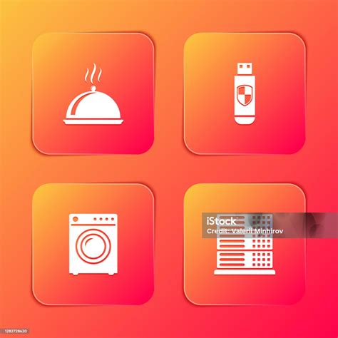 음식 트레이 Usb 플래시 드라이브 및 방패 와셔 및 서버 데이터 웹 호스팅 아이콘으로 덮여 설정합니다 벡터 Usb 케이블에 대한 스톡 벡터 아트 및 기타 이미지 Istock