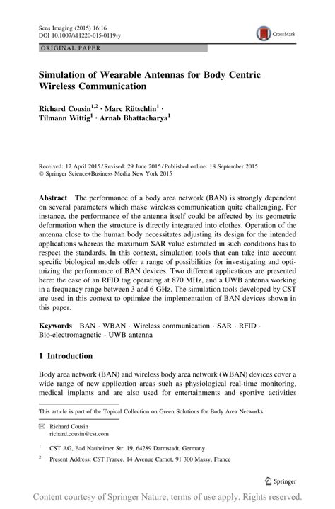 Simulation Of Wearable Antennas For Body Centric Wireless Communication Request Pdf