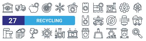 에코 하우스 쓰레기 트럭 음식 하수 분쇄기 종이 쓰레기통 웹 디자인 모바일 앱을위한 연구 벡터 얇은 라인 아이콘과 같은 27