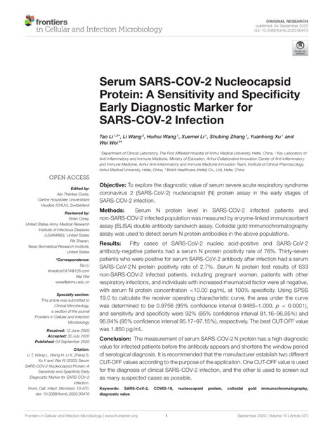 Pdf Serum Sars Cov 2 Nucleocapsid Protein A Sensitivity And Specificity Early Diagnostic