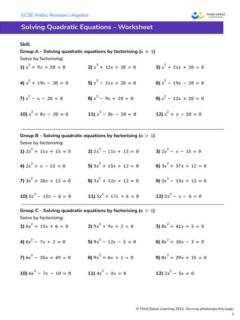 Third Space Learning Solving Quadratic Equations Gcse Worksheet Pdf Equations Factorization