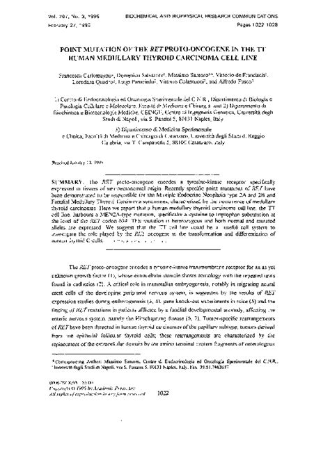 Pdf Point Mutation Of The Retproto Oncogene In The Tt Human Medullary Thyroid Carcinoma Cell Line