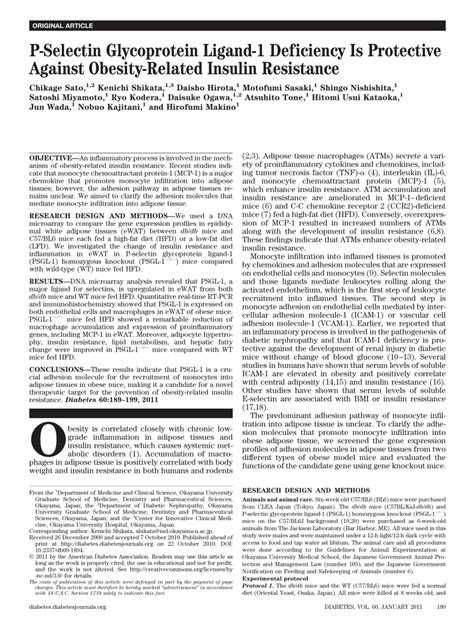 Pdf P Selectin Glycoprotein Ligand 1 Deficiency Is Protective Against Obesity Related Insulin