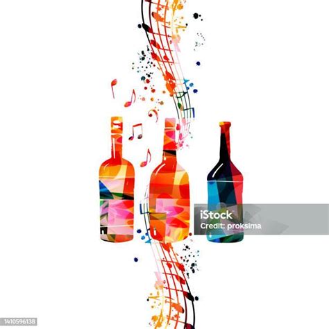 음표 벡터 일러스트레이션이있는 다채로운 유리 병 파티 전단지 와인 시음 이벤트 와인 축제 축하 행사 레스토랑 포스터 초대 카드