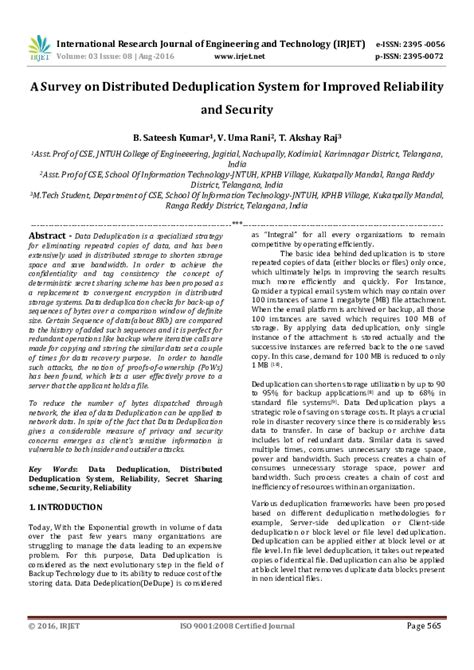 Pdf A Survey On Distributed Deduplication System For Improved Reliability And Security Irjet